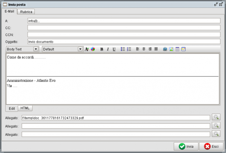 Funzione invio e-mail integrata | Manuale software gestionale Atlantis Evo